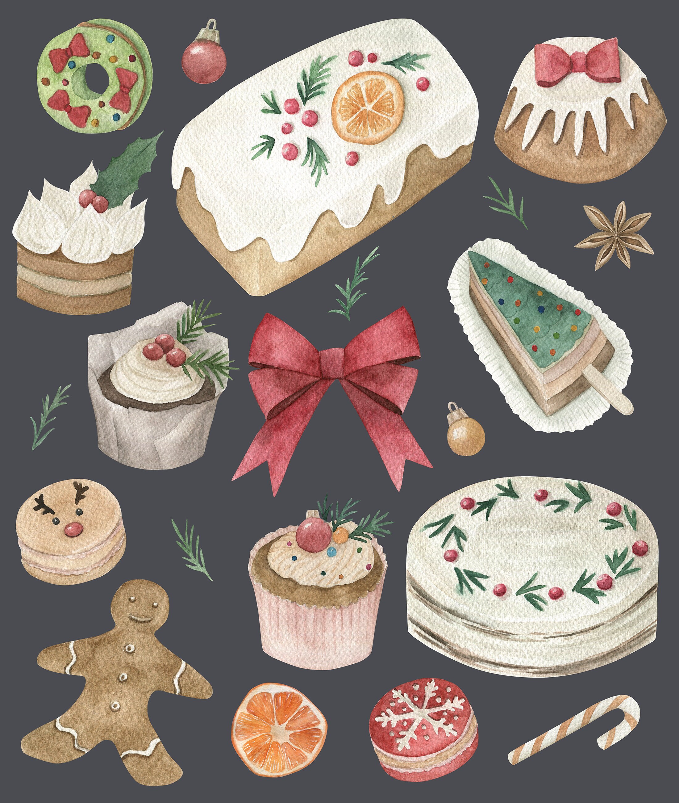 Watercolor Christmas Clipart Cake Cupcake Dessert Baking - Etsy