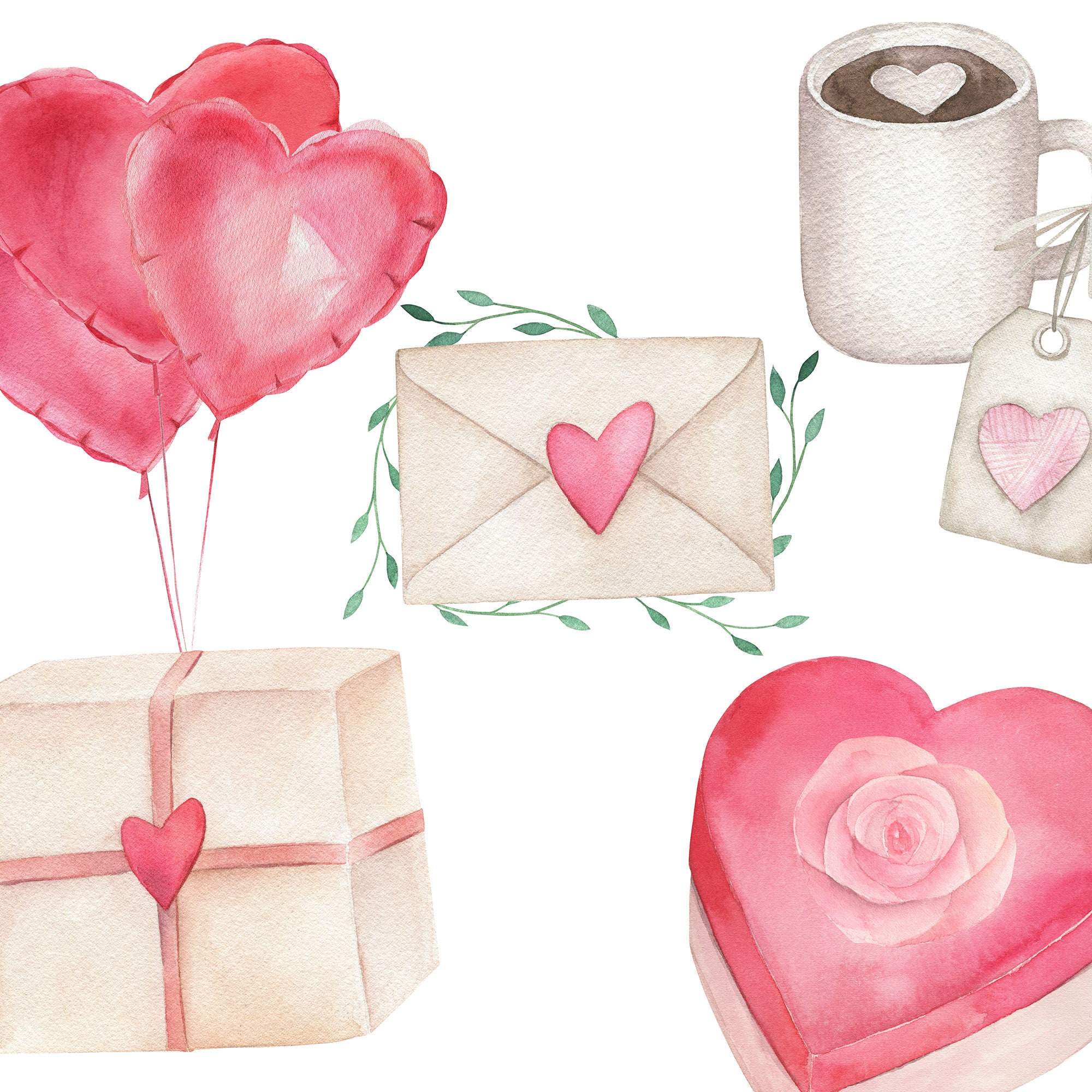 Watercolor Valentine's Day Clipart Set. Hearts Ballons - Etsy
