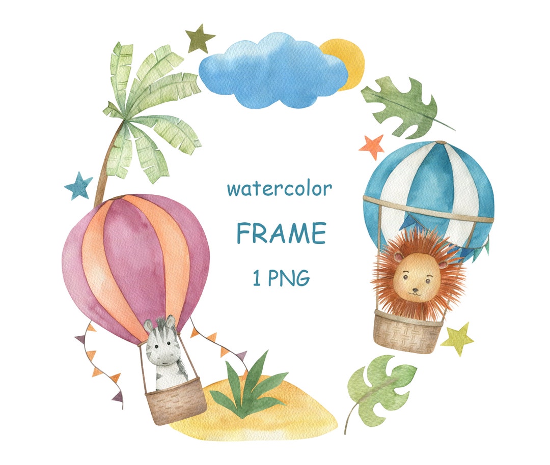 Watercolor African Adventure Frame Clipart. Wreath With Hot Air ...