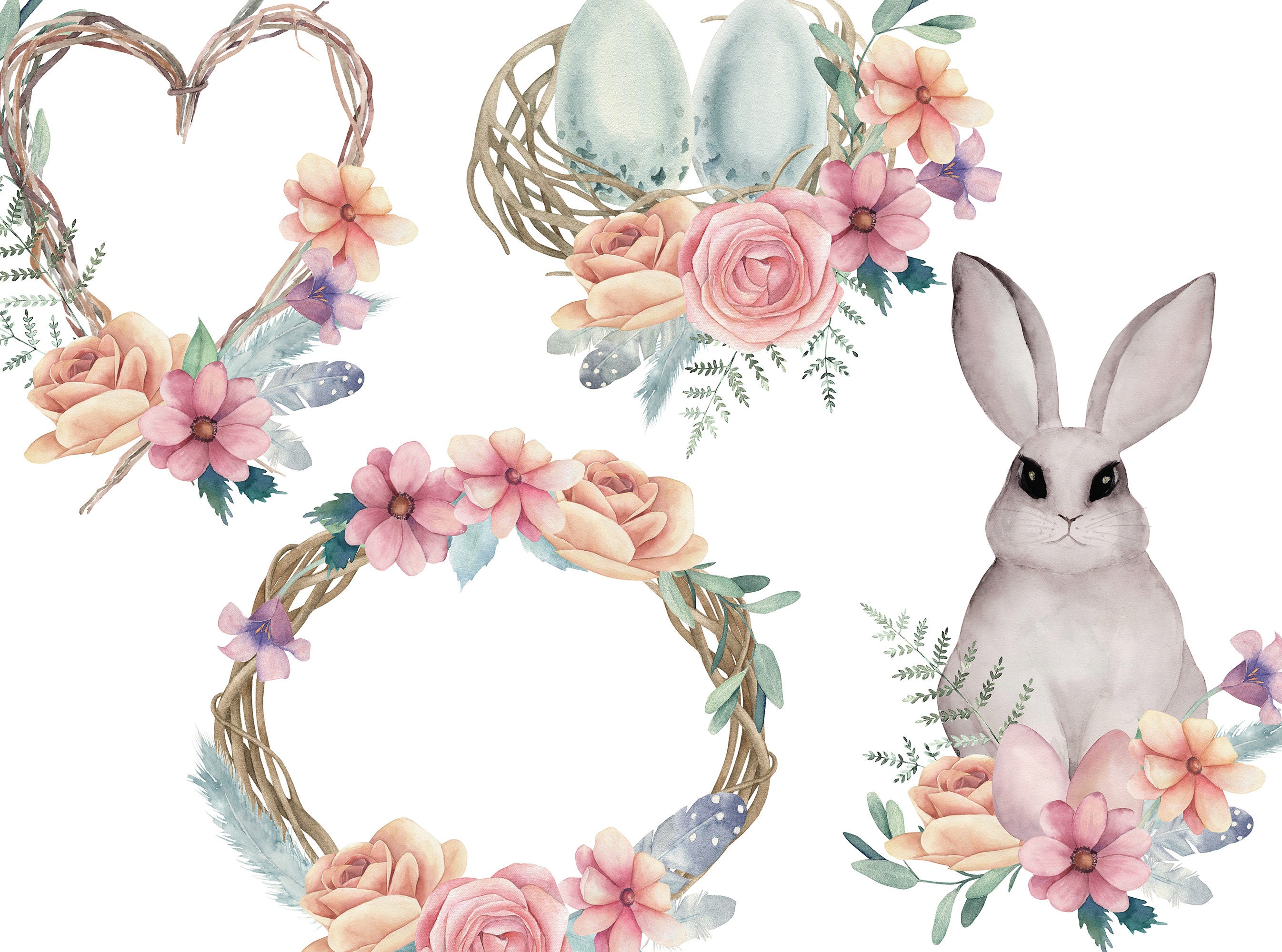 Watercolor Easter Clipart, Cute Bunny Clipart, Easter Eggs. Instant ...