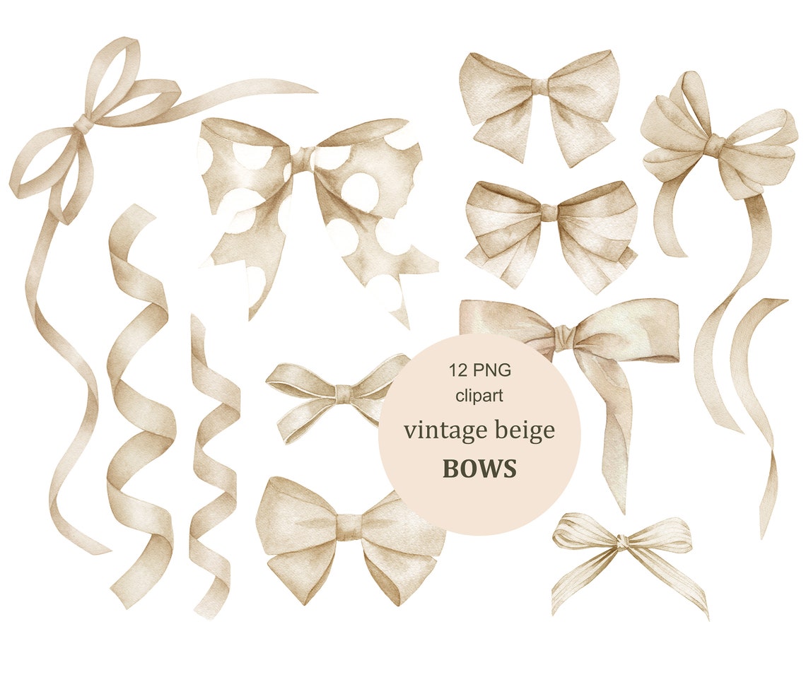 Vintage Beige Bows, Watercolor Ribbons Collection Clip Art. Baby Shower ...