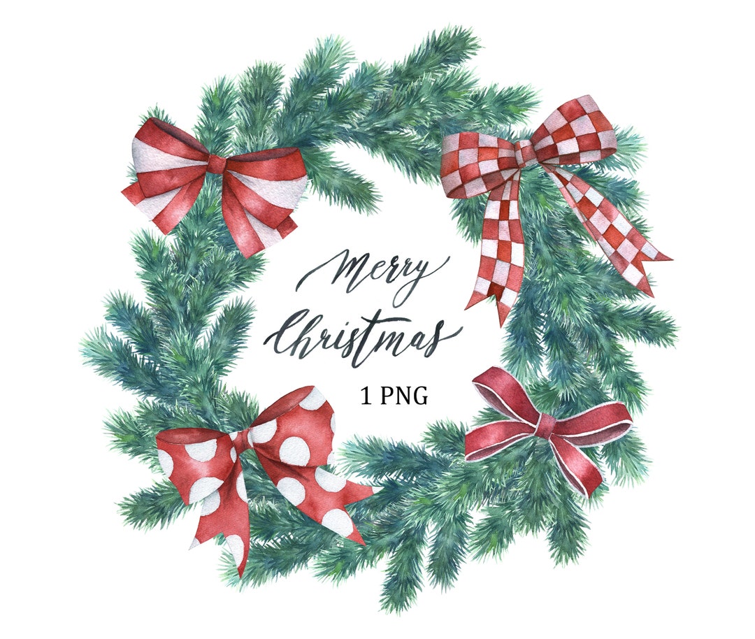 Watercolor Christmas Wreath With Red Bows, Clipart, PNG - Etsy