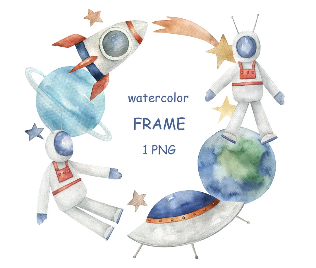 Watercolor Space Wreath, Outer Space, Astronaut, Spaceship, Rocket ...