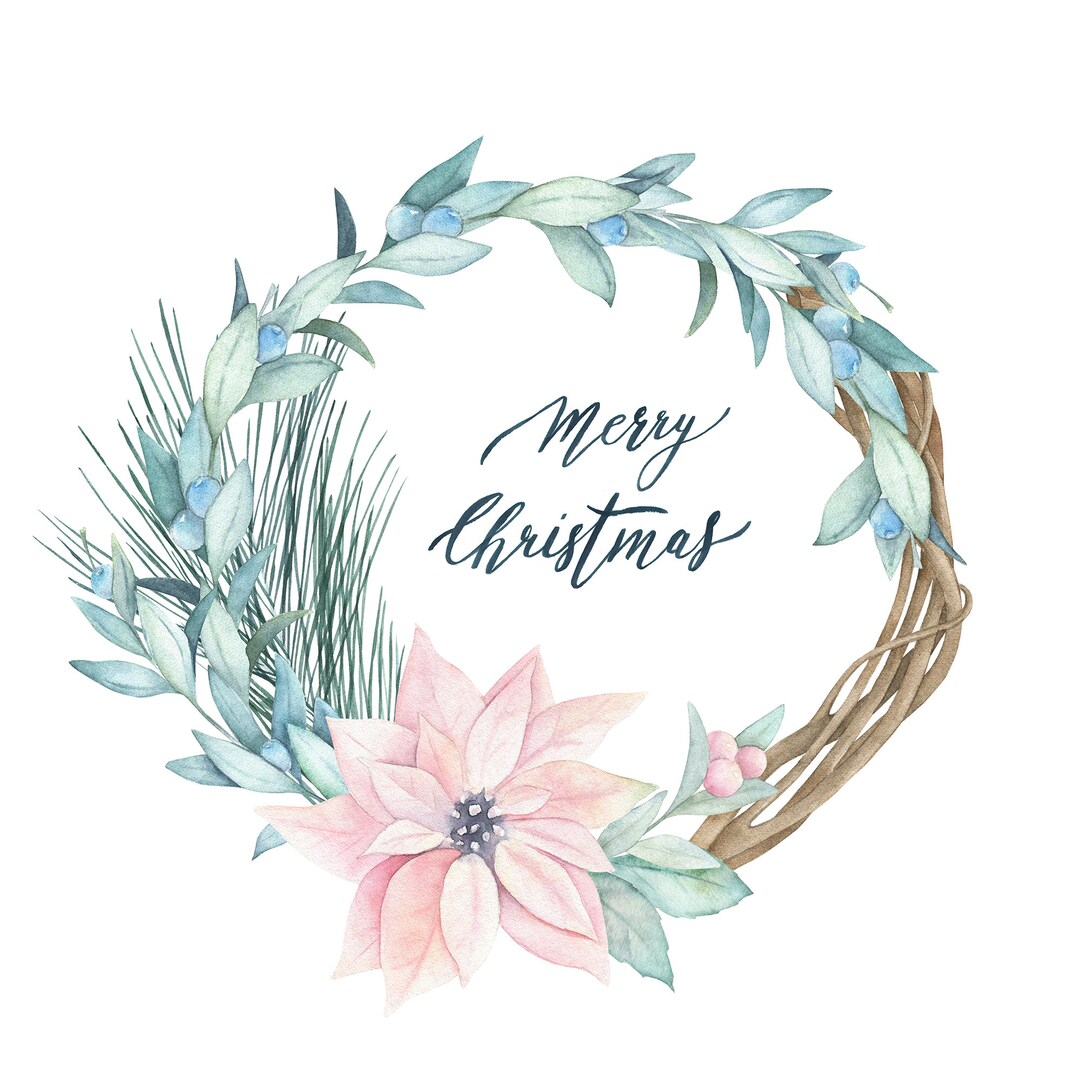 Watercolor Christmas Wreath Clipart With Poinsettia - Etsy