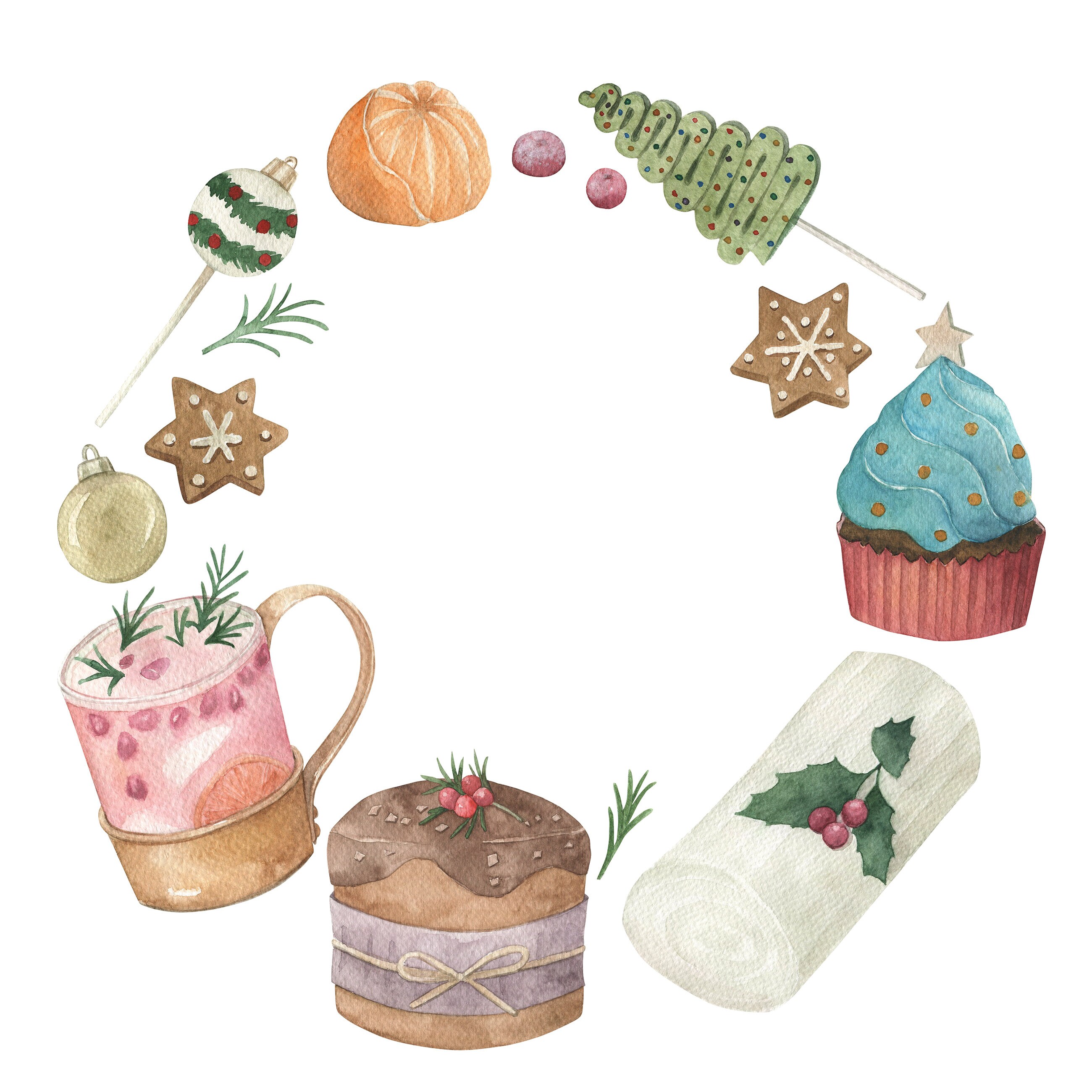 Watercolor Christmas Clipart Cake, Cupcake, Dessert, Drink, Baking ...