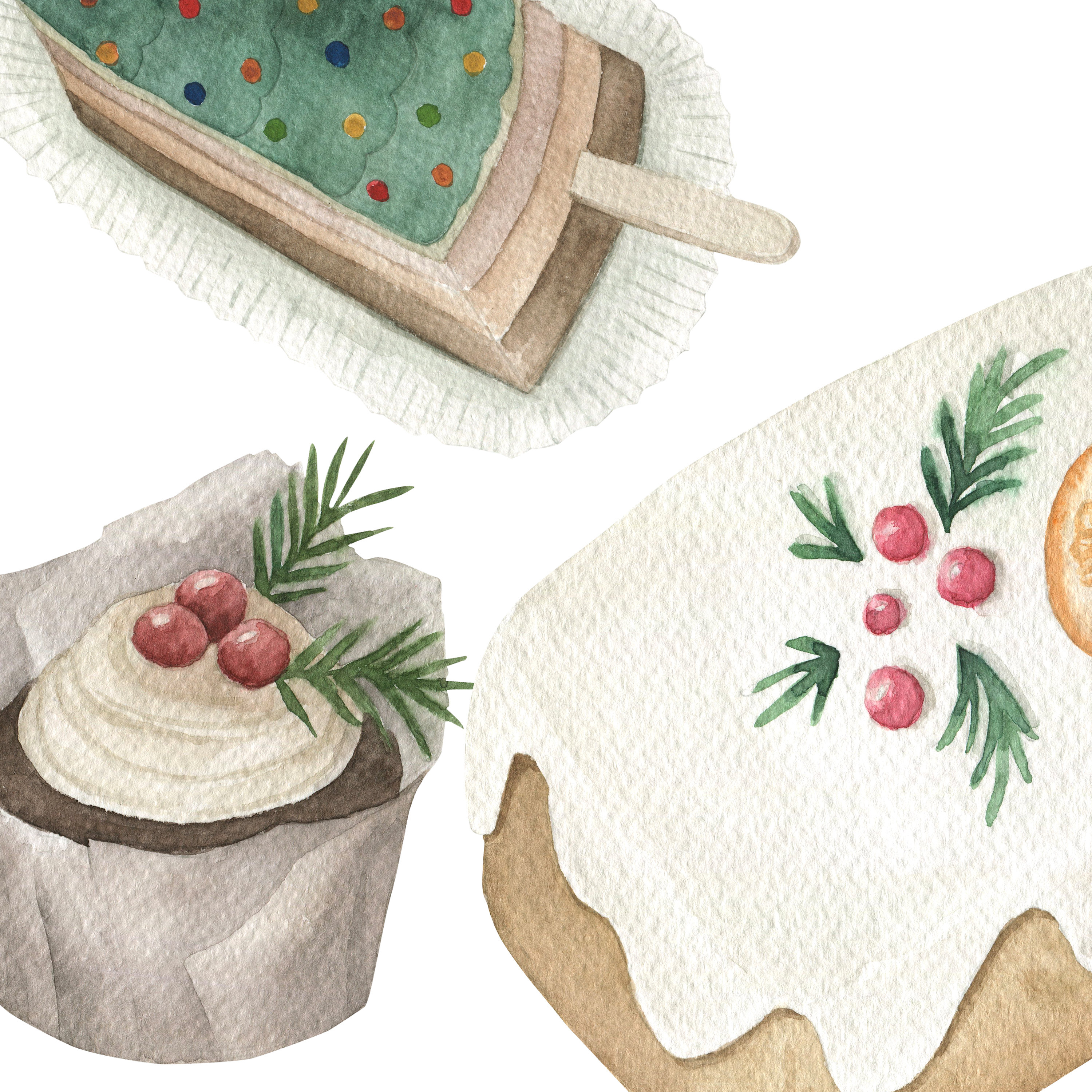 Watercolor Christmas Clipart Cake, Cupcake, Dessert, Baking, Berry ...