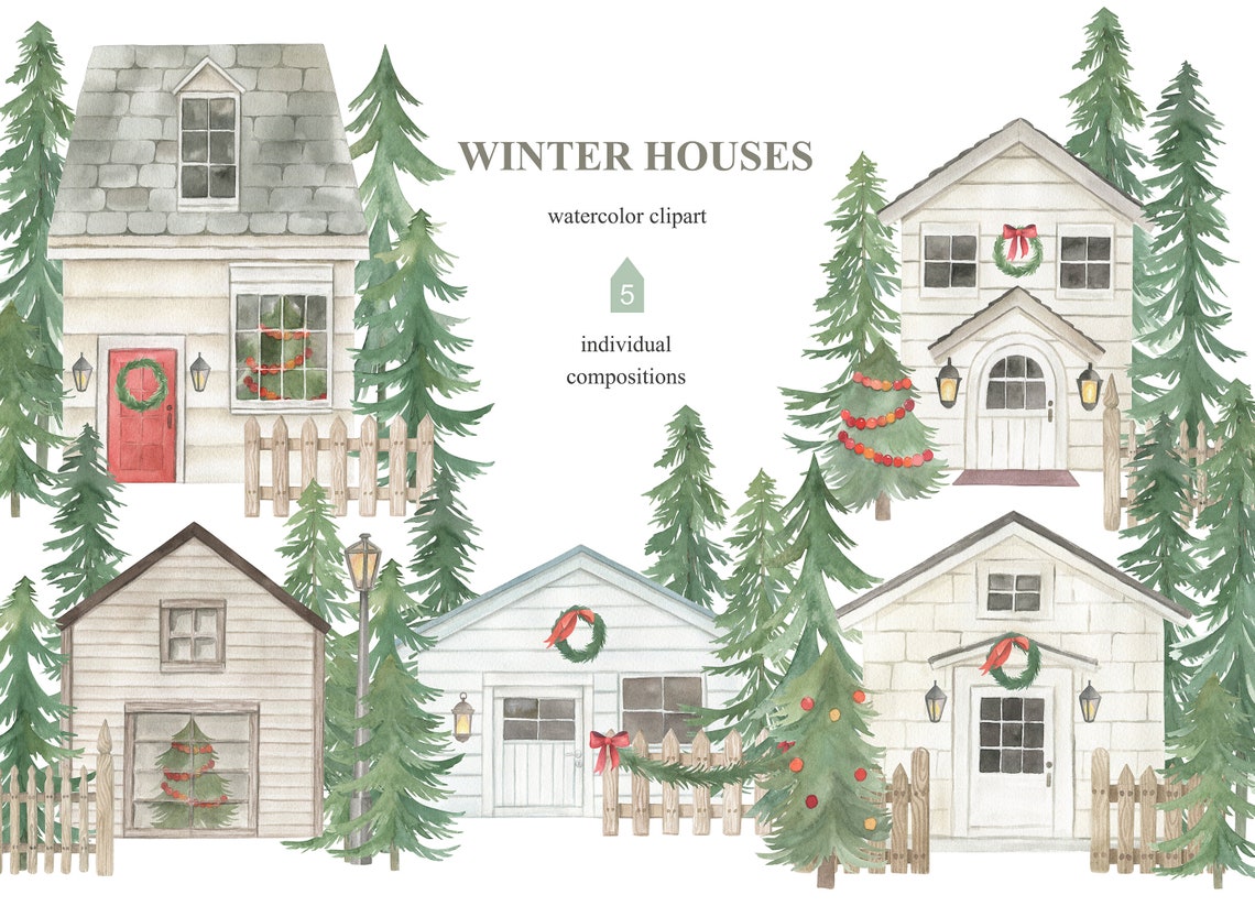 Watercolor Houses Clipart Collection. Winter Christmas - Etsy