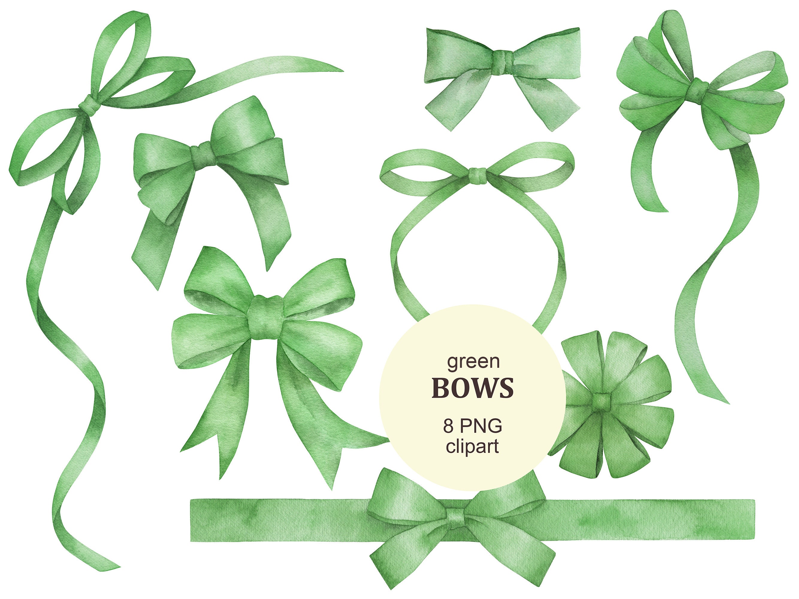 Watercolor Green Bows, Ribbons Collection Clip Art. Baby Shower ...