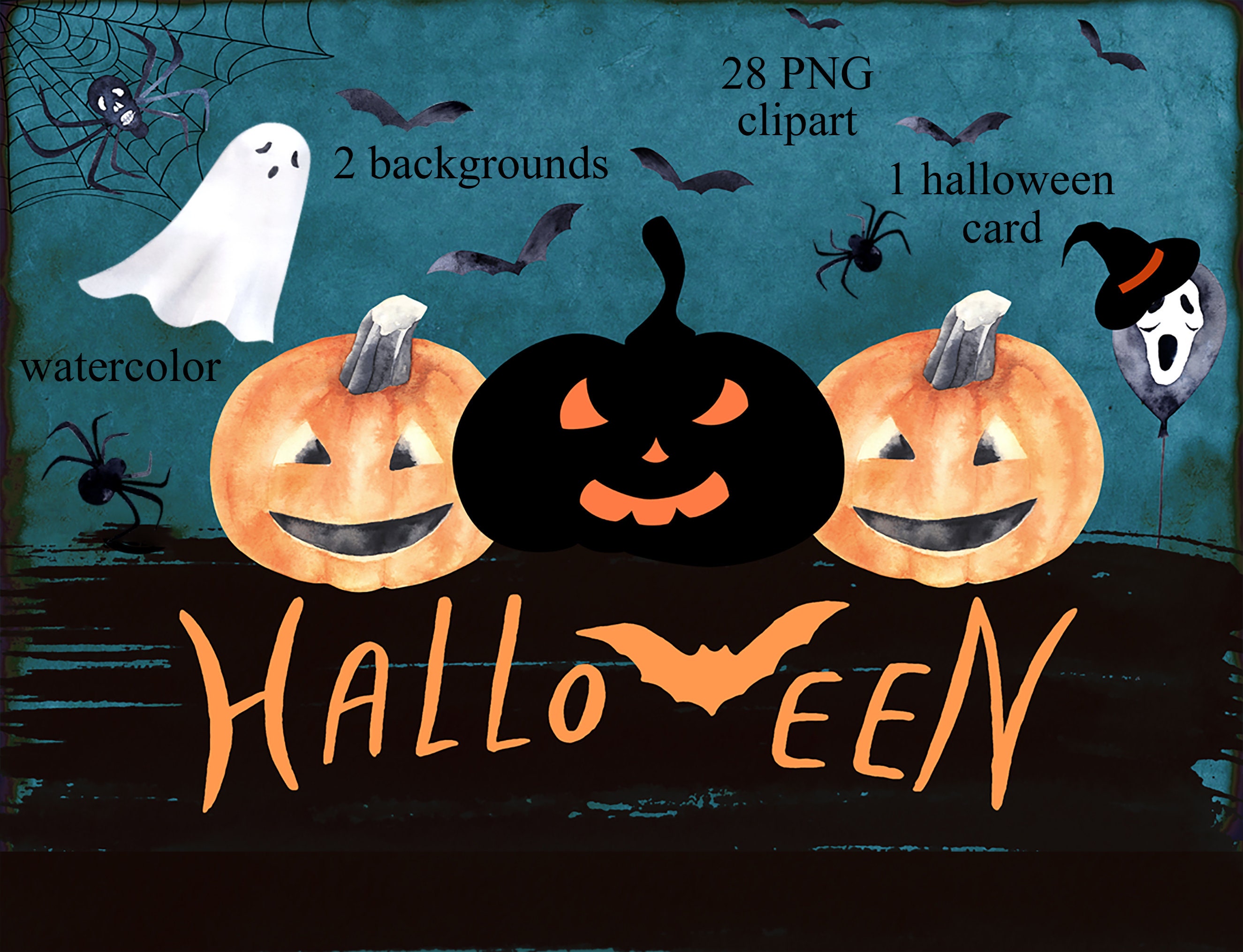 Watercolor Halloween Party Clipart. Set With Pumpkin, Ghost, Raven ...