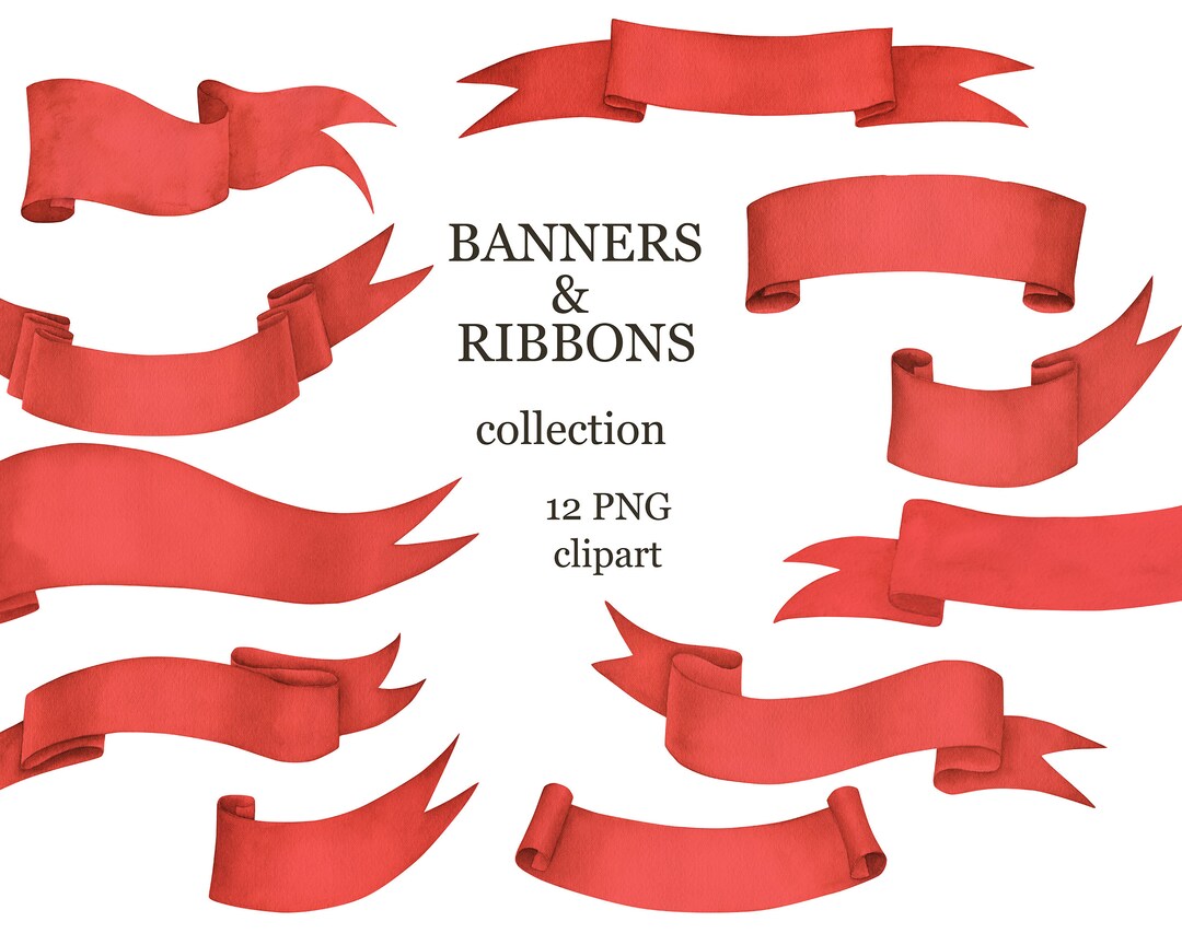 Watercolor Red Banner Clipart, Red Ribbon Clipart, Scroll Clipart, PNG ...