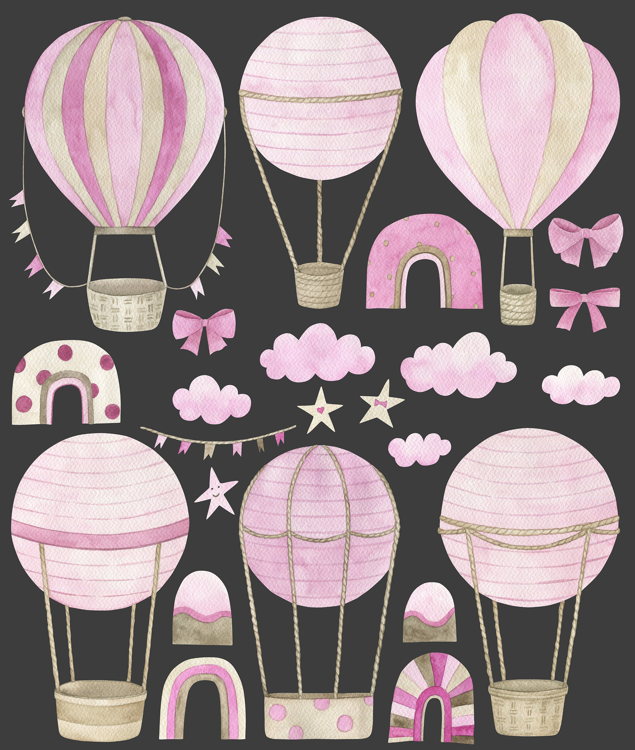 Pink Hot Air Balloon Collection. Watercolor Balloons Clipart, Nursery ...