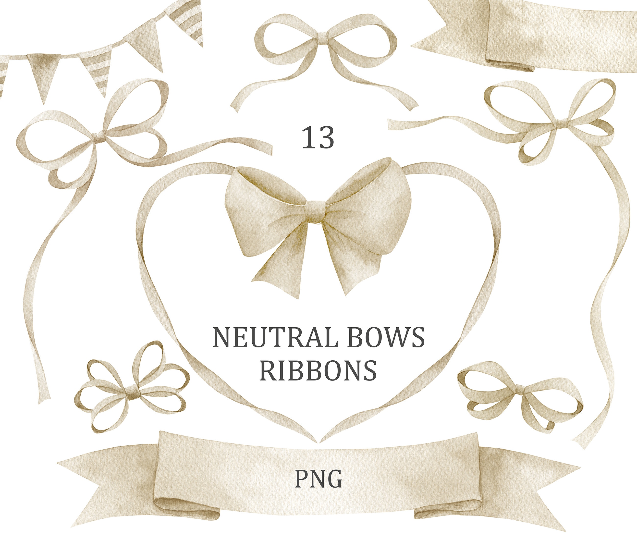 Watercolor Neutral Beige Bows, Ribbons Collection Clip Art. Baby Shower ...