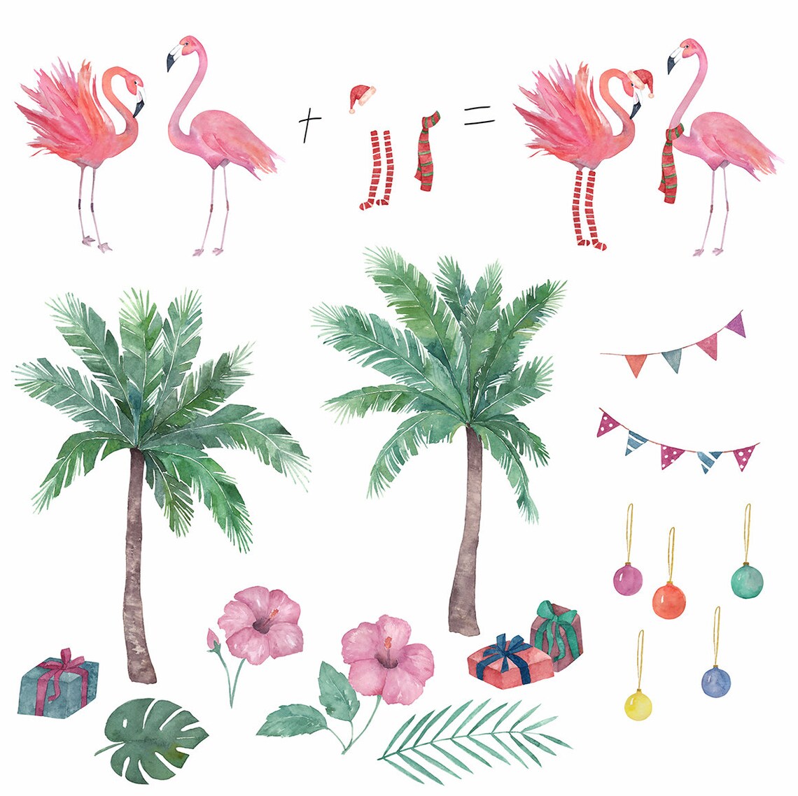 Watercolor Tropical Christmas Cliparts With Flamingo, Palms. Christmas ...