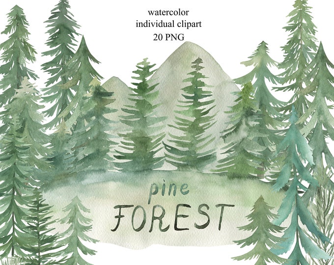 Watercolor Forest Tree Clipart Woodland Pine Tree Deer PNG Pine Trees ...