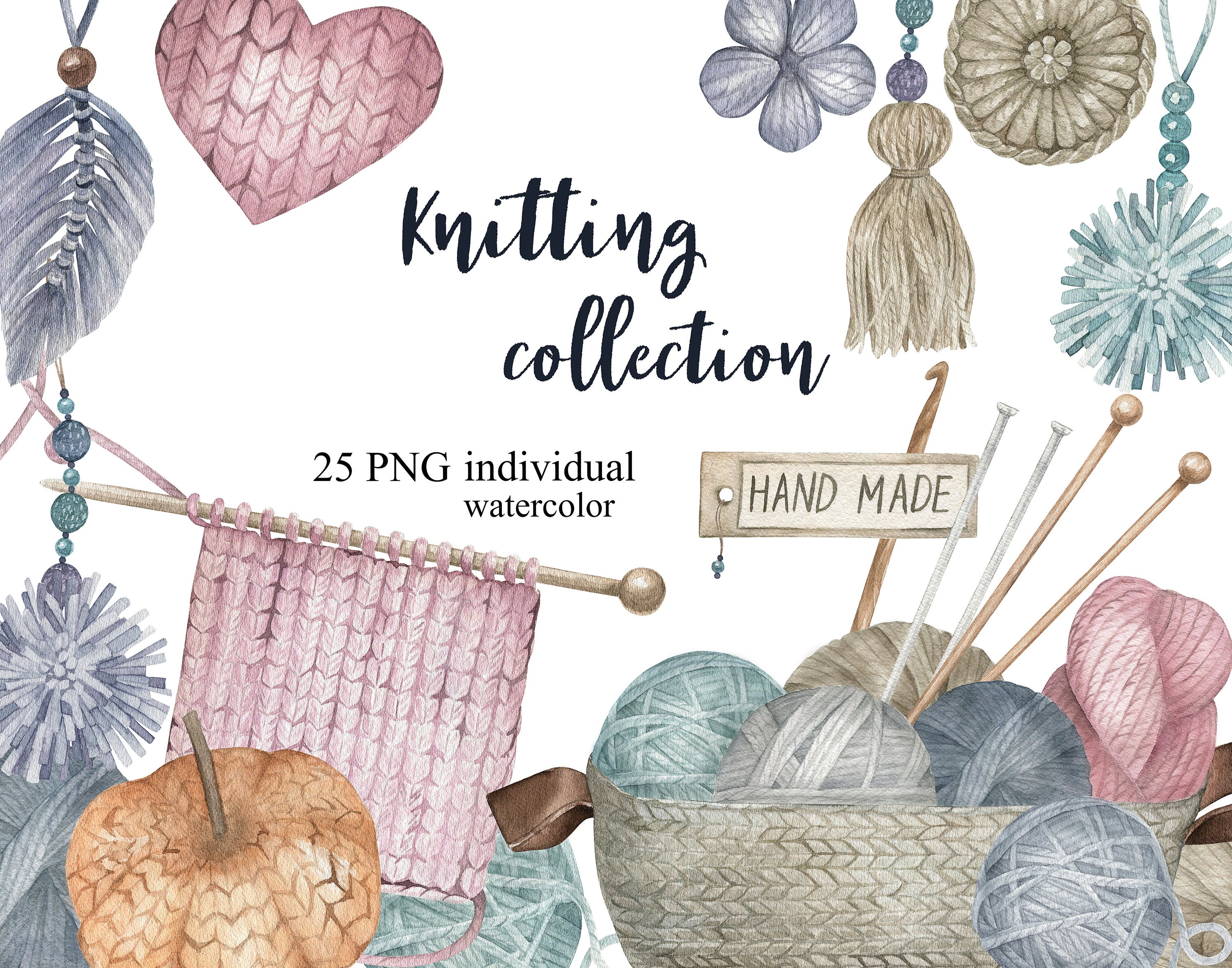 Watercolour Knitting Collection. Crochet and Knitting Clipart, PNG - Etsy