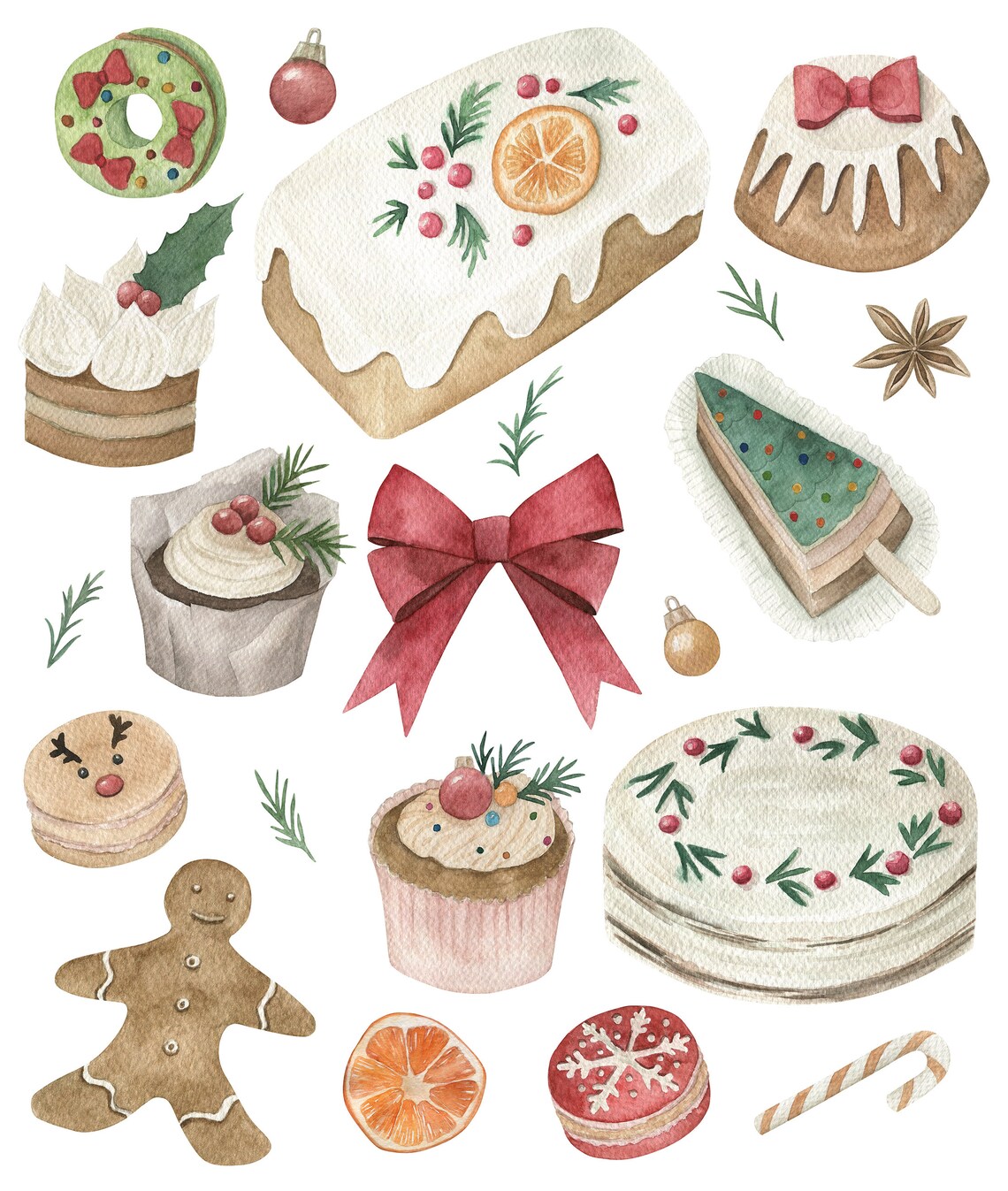 Watercolor Christmas Clipart Cake, Cupcake, Dessert, Baking, Berry ...