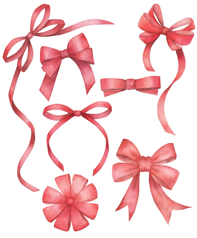 Watercolor Red Bows, Ribbons Collection Clip Art. Baby Shower, Birthday ...