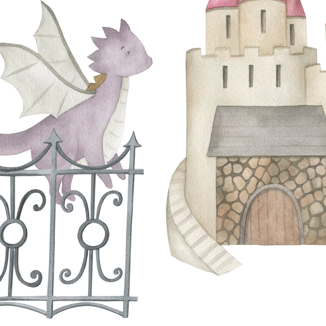 Old Fairy Tale. Princess, Knight, Dragon, Castle Watercolor Digital ...
