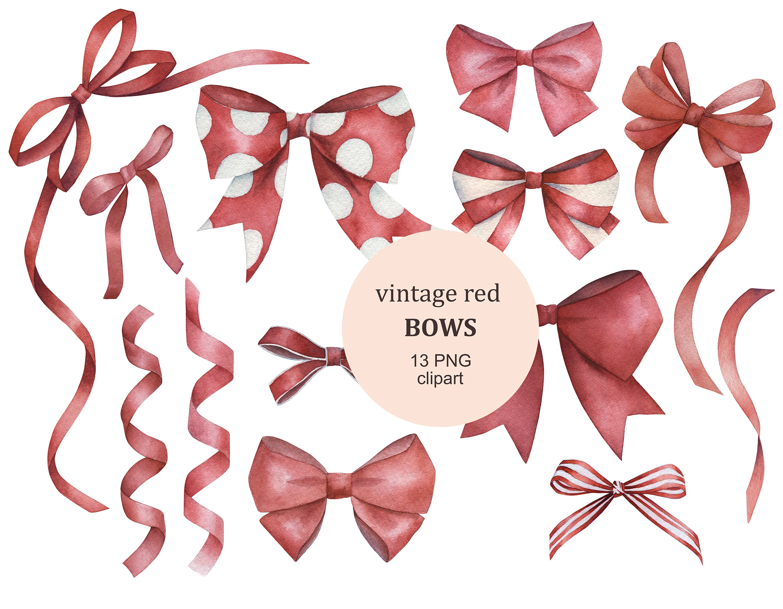 Watercolor Vintage Red Bows, Ribbons Collection Clip Art. Baby Shower ...