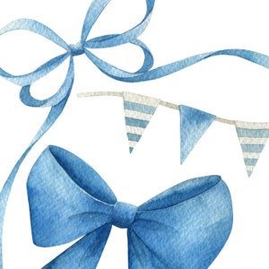 Watercolor Blue Bows, Ribbons Collection Clip Art. Baby Shower, Boy ...
