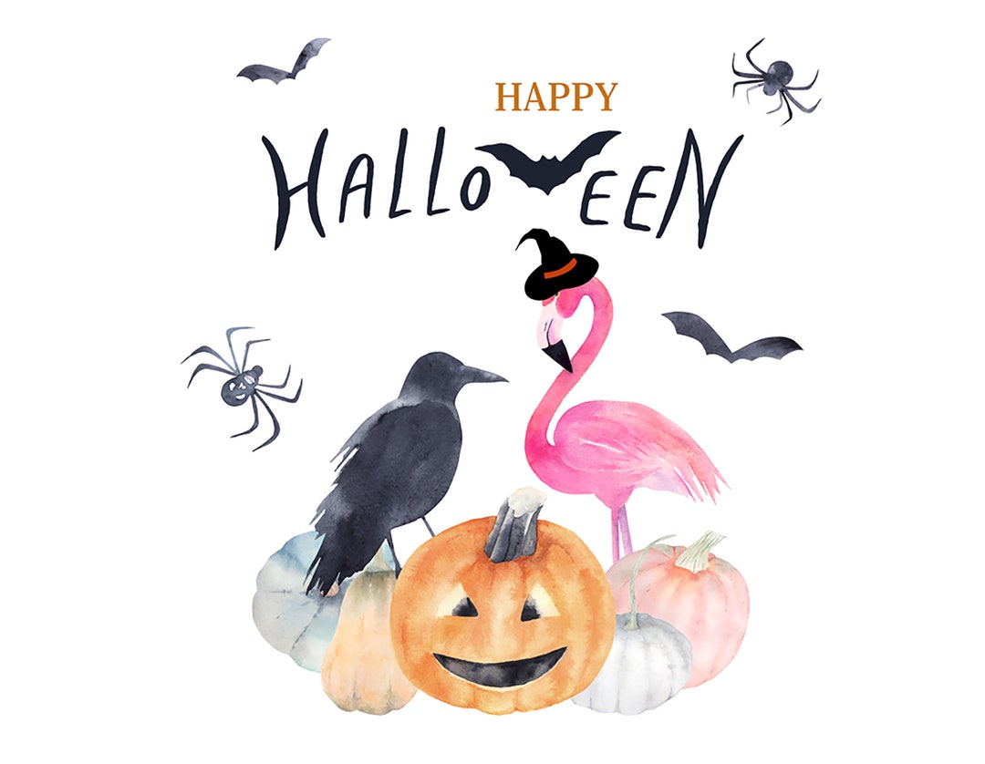 Watercolor Halloween Party Clipart. Set With Pumpkin, Ghost, Raven ...