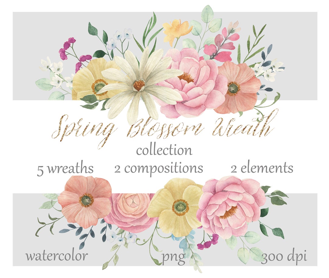 Spring Blossom Wreath Collection, Watercolor, Frame, Flower ...