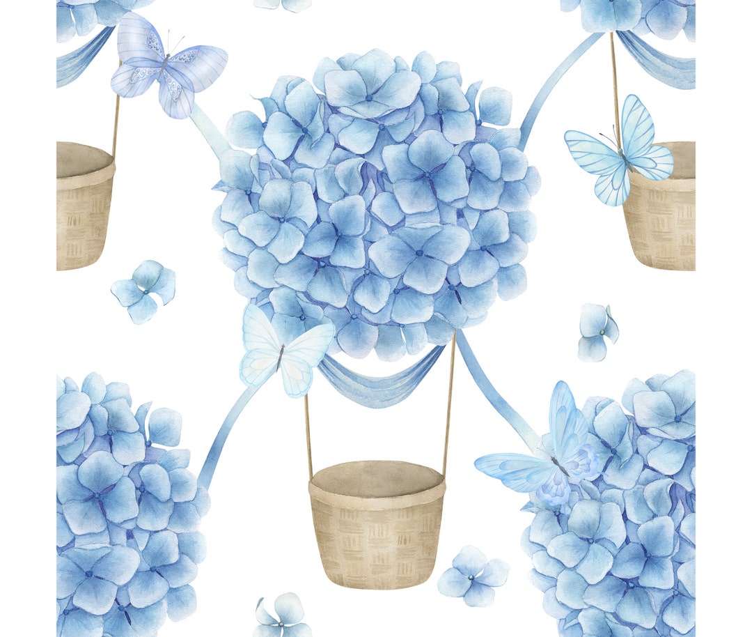 Watercolor Floral Blue Cute Balloon With Butterflies Seamless Pattern ...