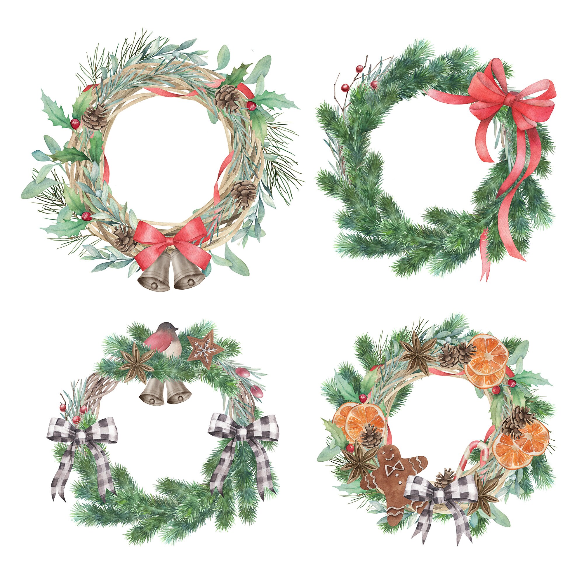 Watercolor Christmas Wreath Clipart Collection. Winter Holiday Frame ...