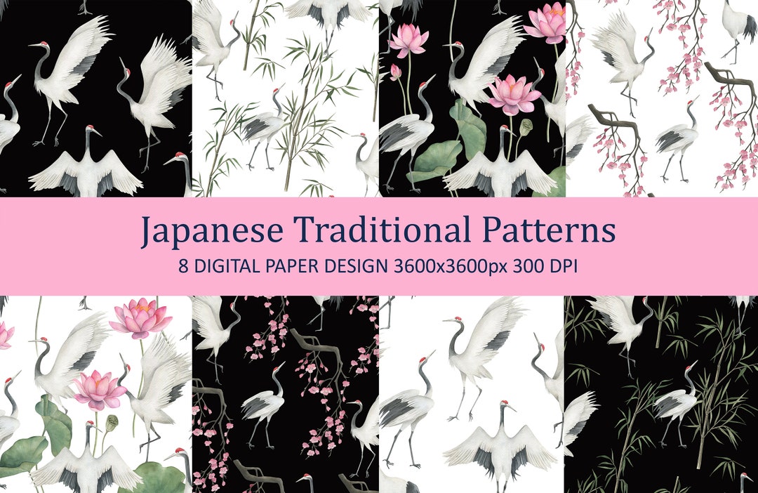 Japanese Traditional Collection. Watercolor Seamless Patterns, Digital ...