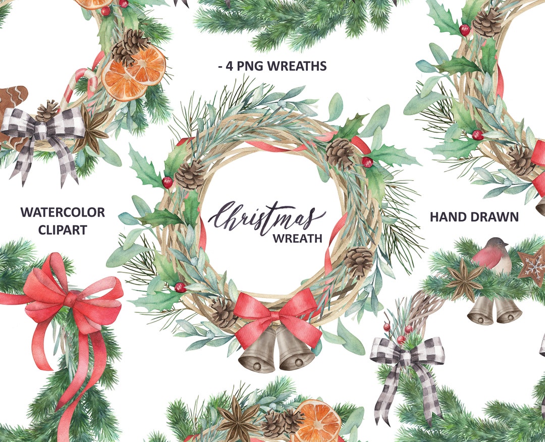 Watercolor Christmas Wreath Clipart Collection. Winter Holiday Frame ...