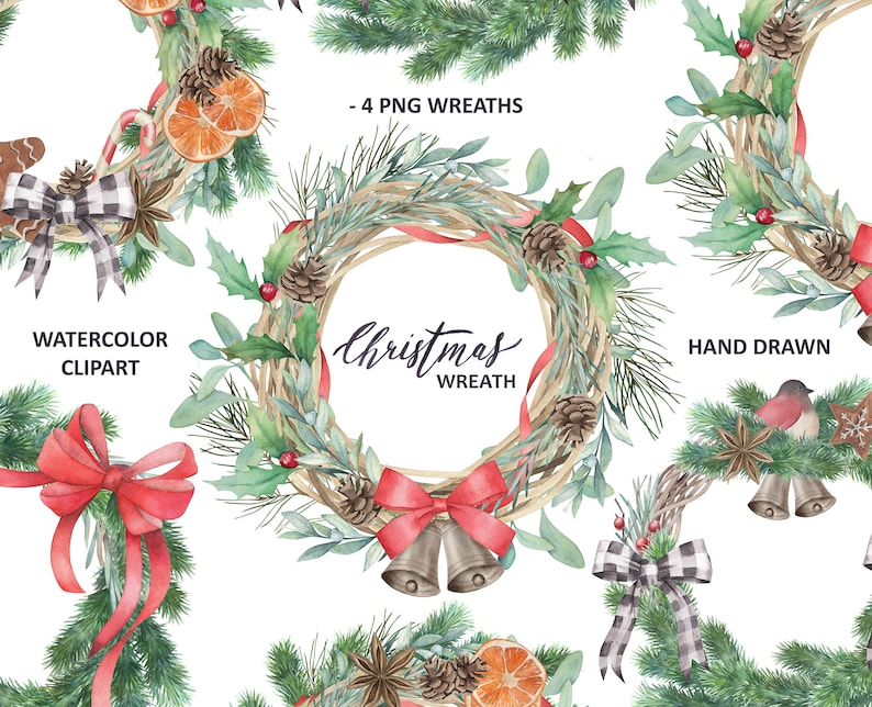Watercolor Christmas Wreath Clipart Collection. Winter Holiday Frame ...