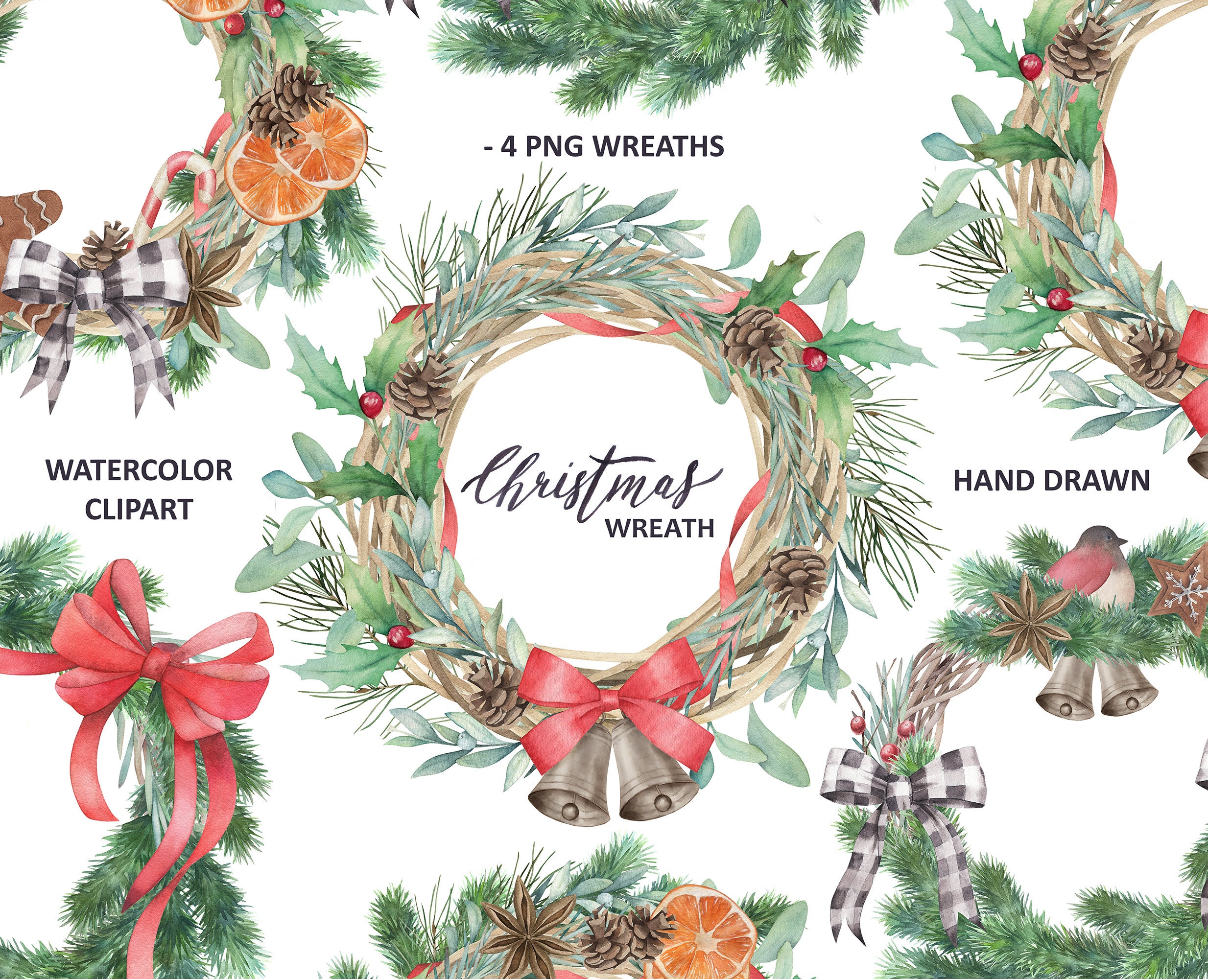 Watercolor Christmas Wreath Clipart Collection. Winter Holiday Frame ...