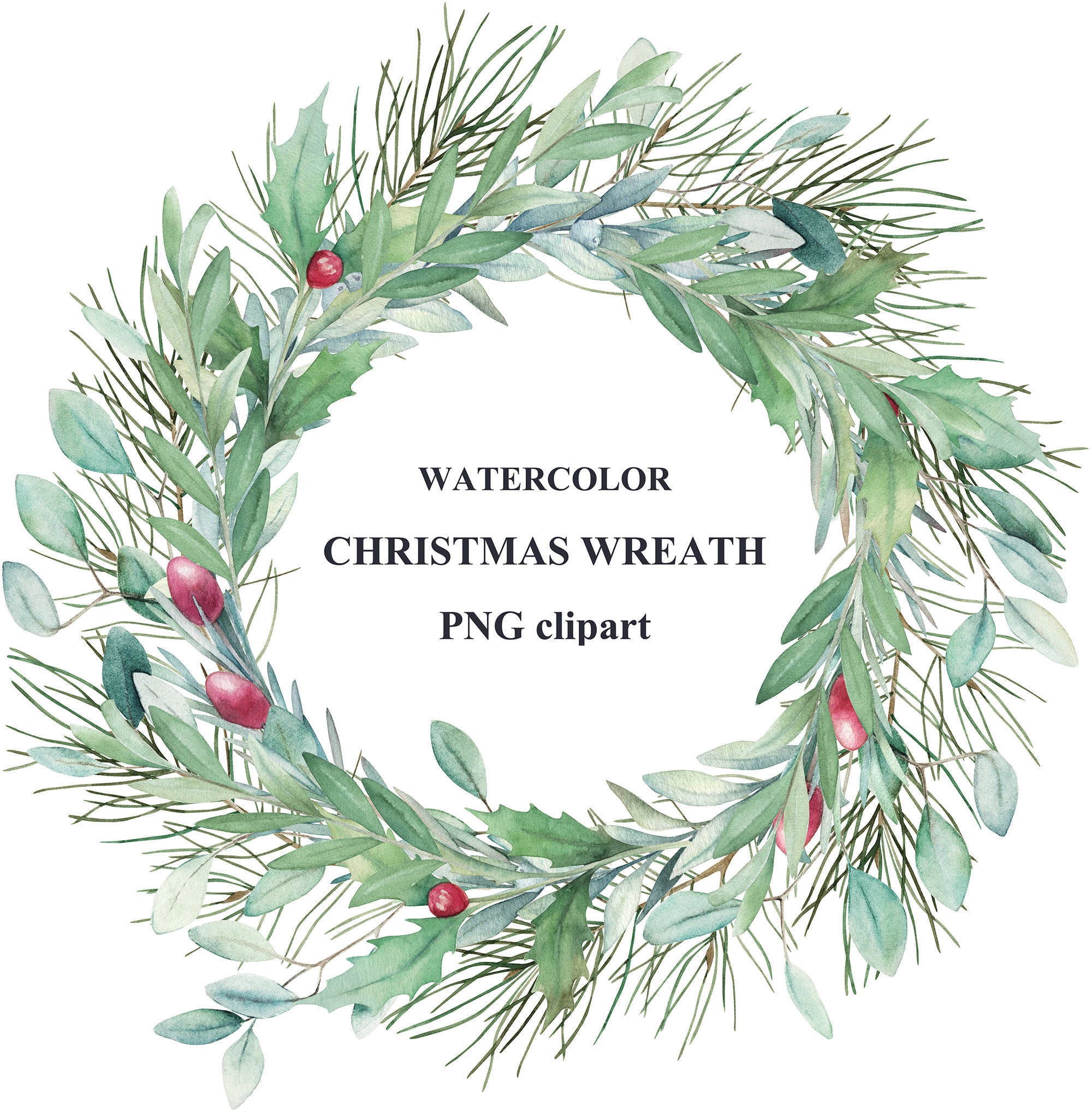 Watercolor Christmas Wreath Clipart - Etsy