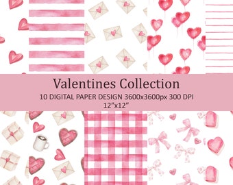 Watercolor Valentines Day Digital Paper Pack, Hand Painted Pink Hearts ...