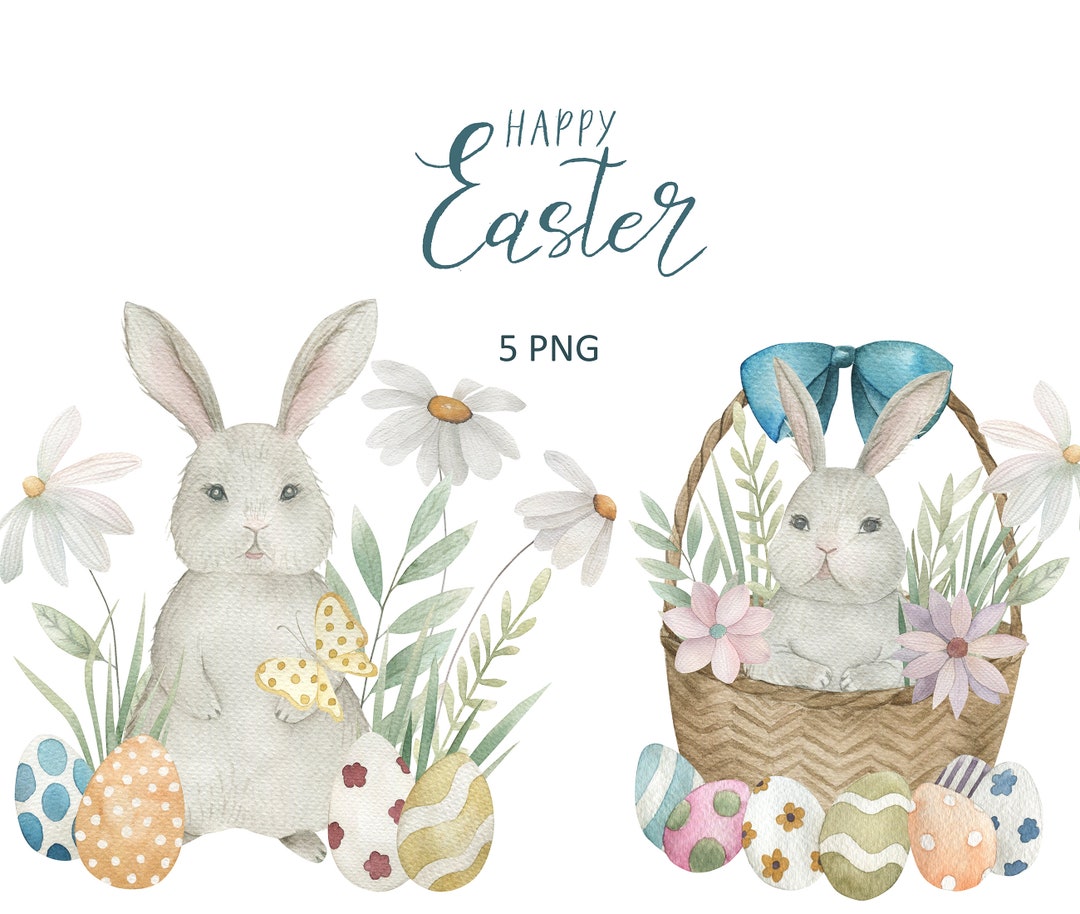 Happy Easter Collection, Watercolor Spring Clipart, Cute Rabbit, Bunny ...