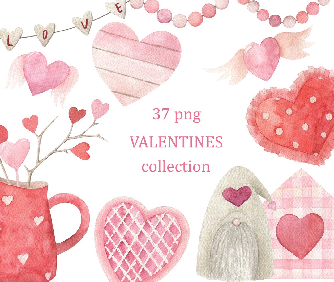 Watercolor Valentine's Day Clipart Set. Hearts, Gnomes, Digital ...