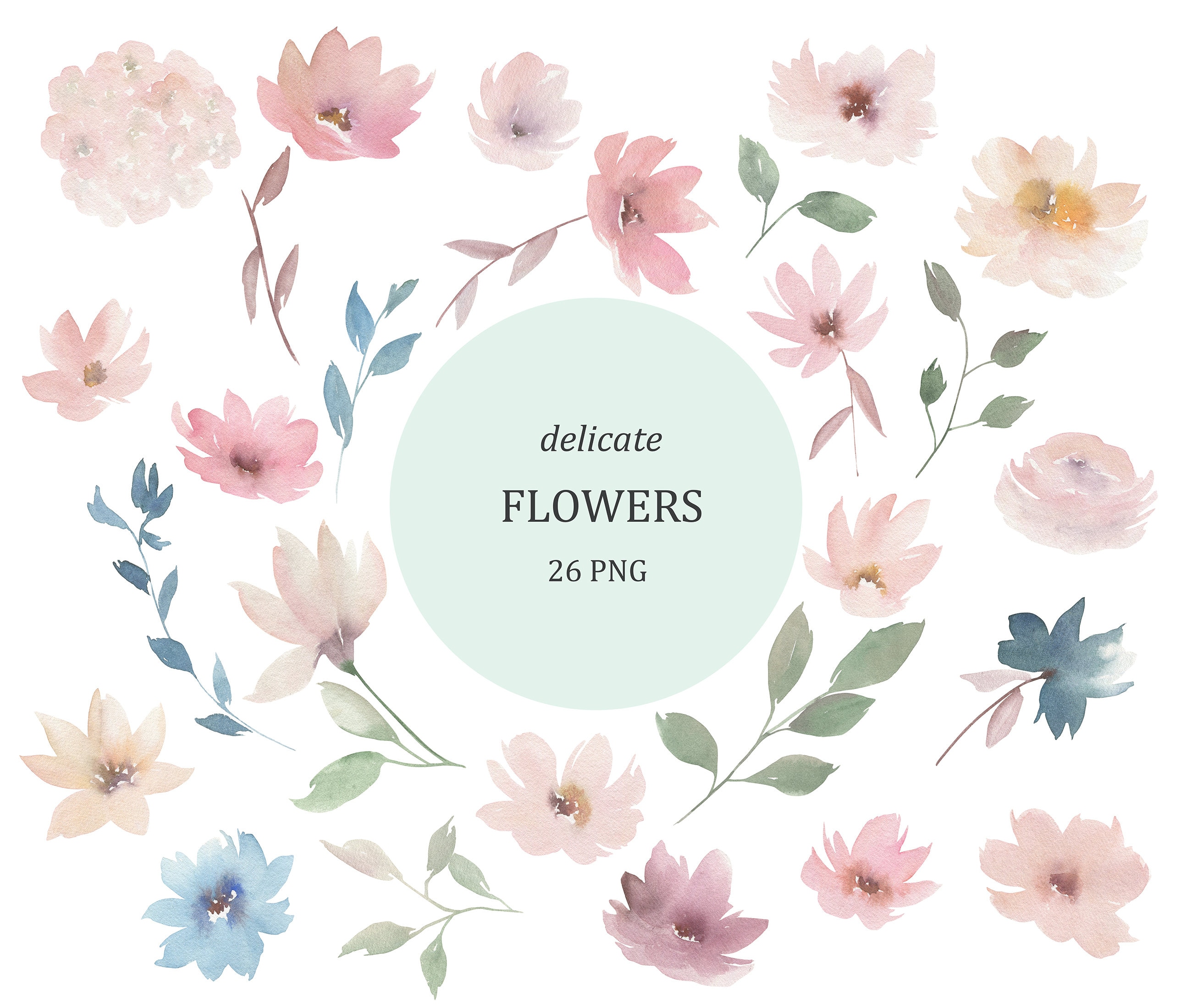 Delicate Watercolor Flowers Clipart. Floral Collection, 1 Seamless ...