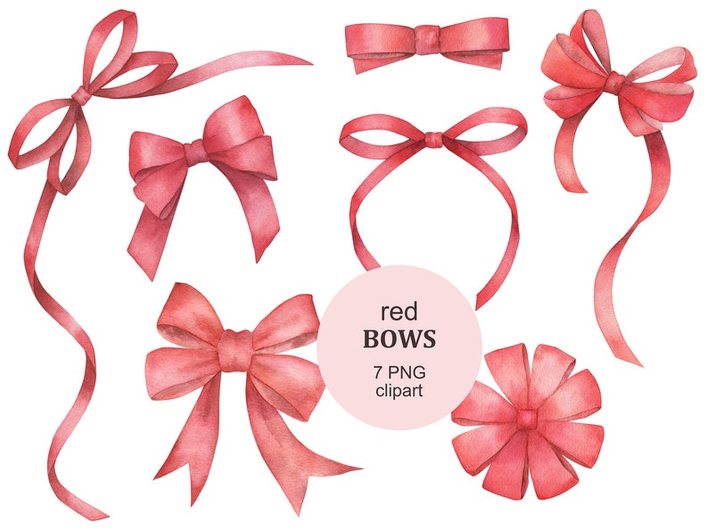 Watercolor Red Bows, Ribbons Collection Clip Art. Baby Shower, Birthday ...