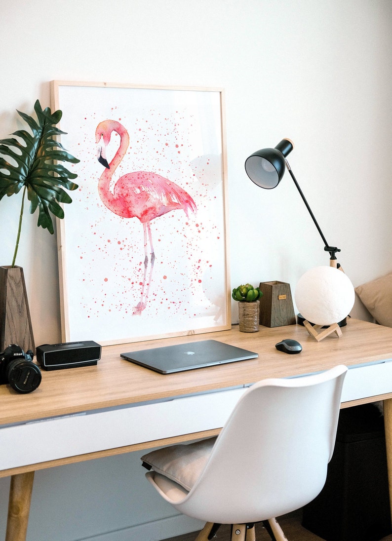 Watercolour Flamingo With Splatter, Pink Flamingo Print, Flamingo Decor ...
