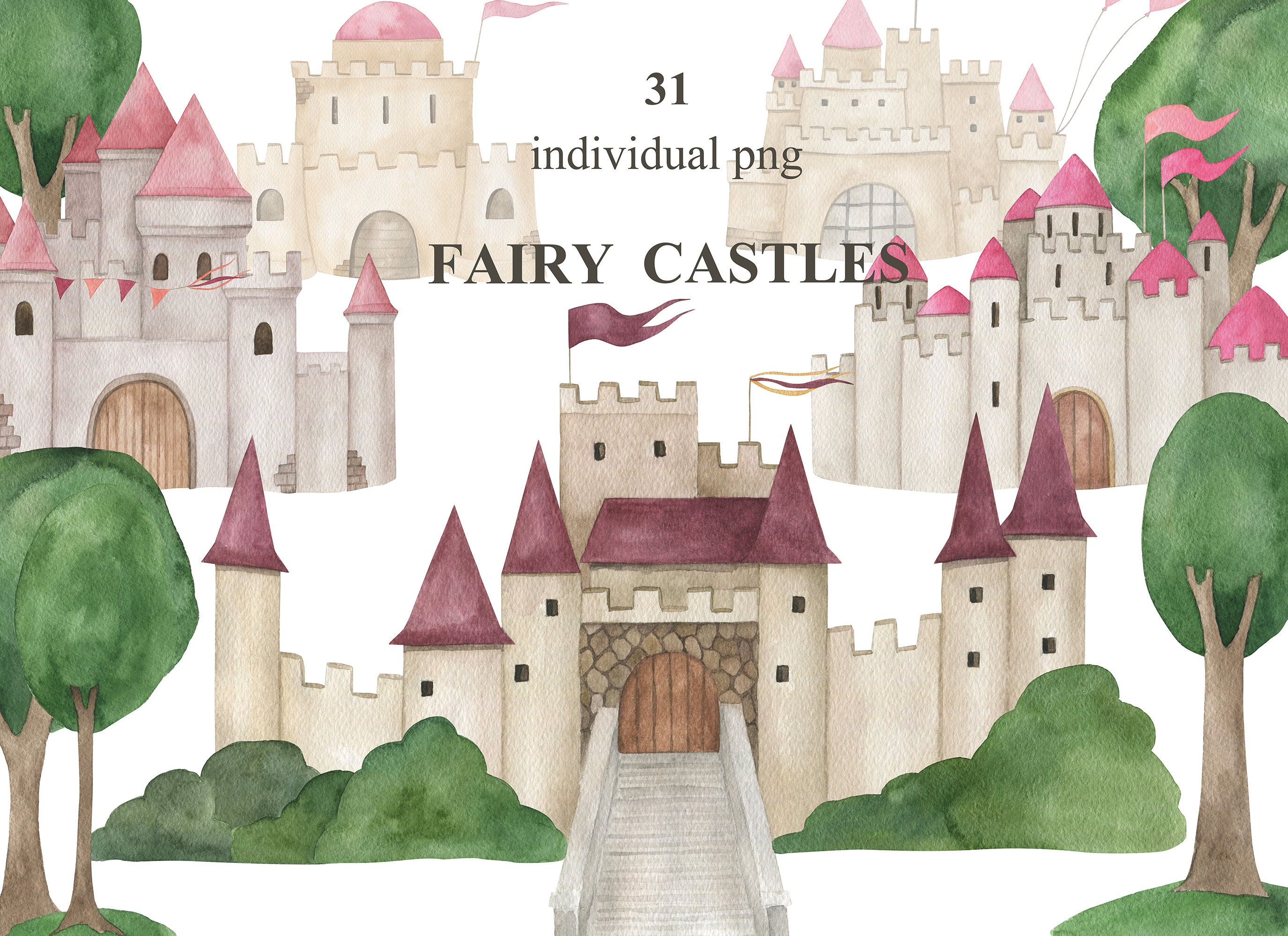 Watercolor Castle Collection Cliparts. Baby Shower, Birthday Card ...