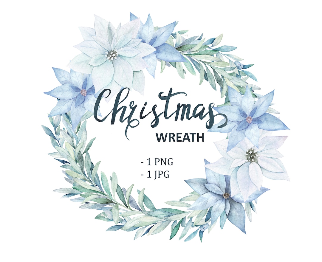 Watercolor Christmas Wreath Clipart. Holiday Winter Frame With Sky Blue ...
