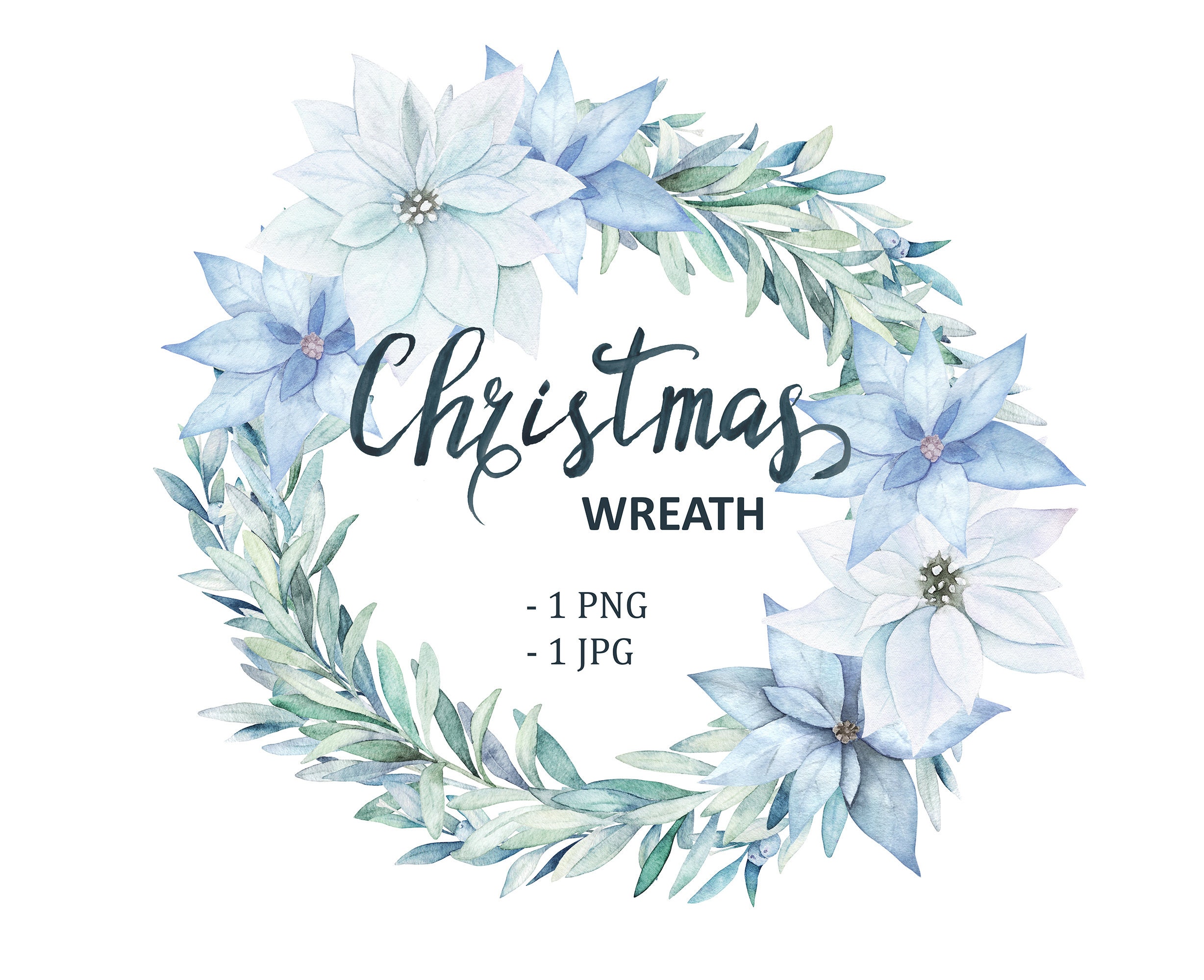 Watercolor Christmas Wreath Clipart. Holiday Winter Frame With Sky Blue ...
