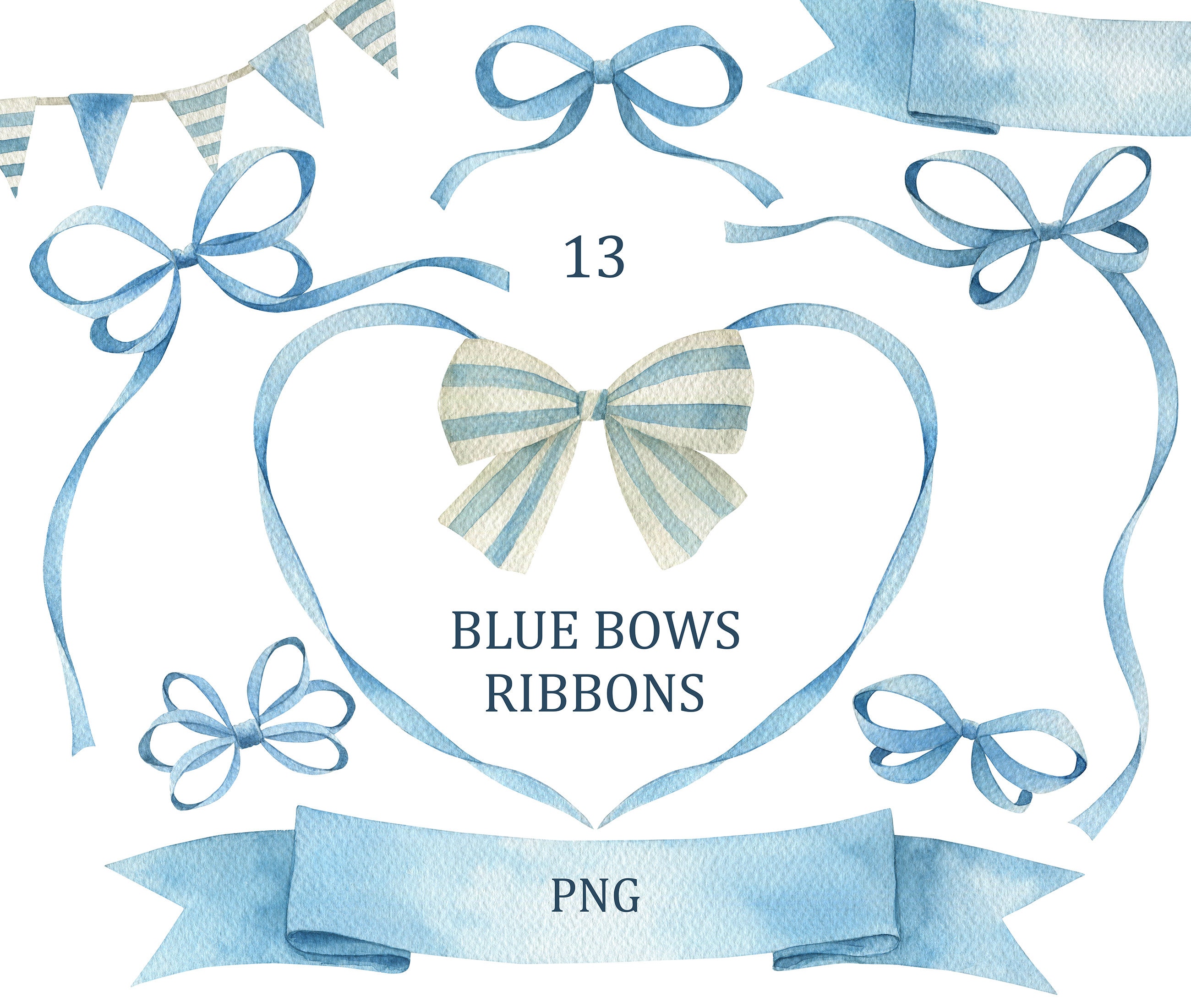 Watercolor Blue Bows, Ribbons Collection Clip Art. Baby Shower, Boy ...