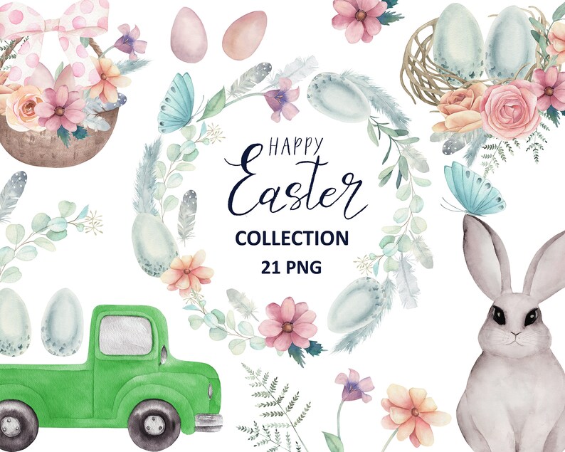 Watercolor Easter Clipart, Cute Bunny Clipart, Easter Eggs, Flowers ...