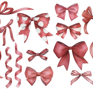 Watercolor Vintage Red Bows, Ribbons Collection Clip Art. Baby Shower ...