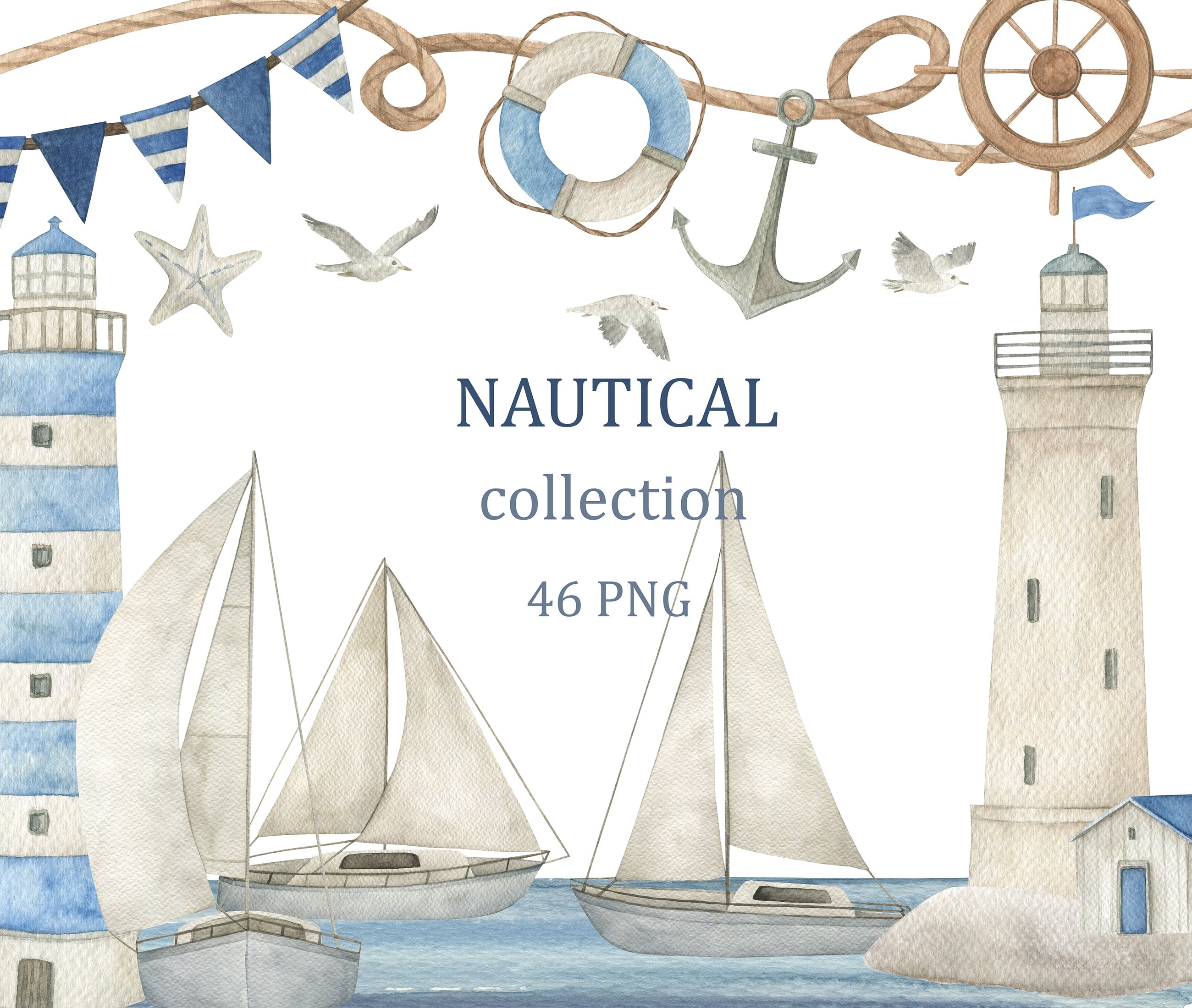 Watercolor Nautical Clipart Collection. Lighthouse, Ship, Seagulls ...