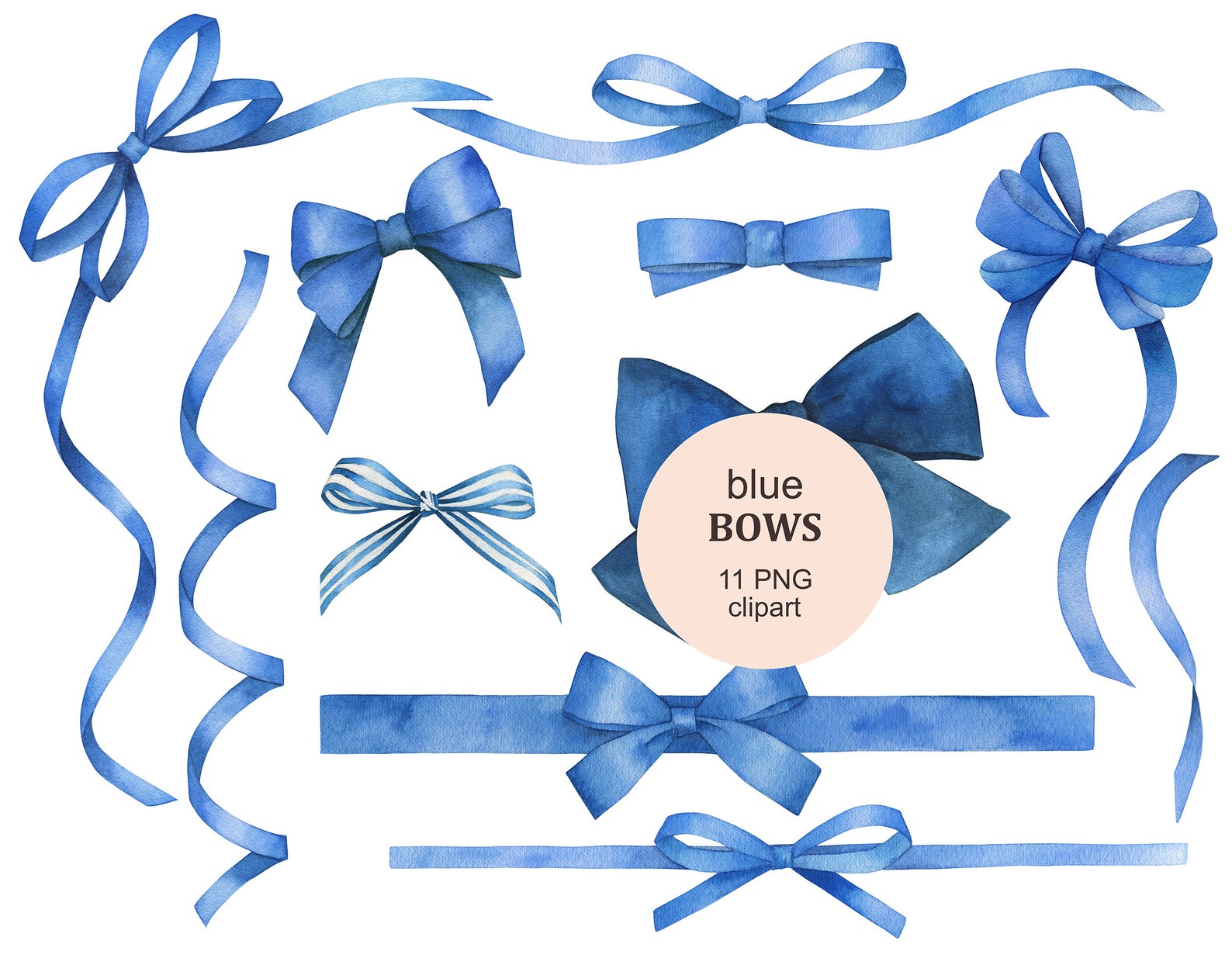 Watercolor Blue Bows, Ribbons Collection Clip Art. Baby Shower ...