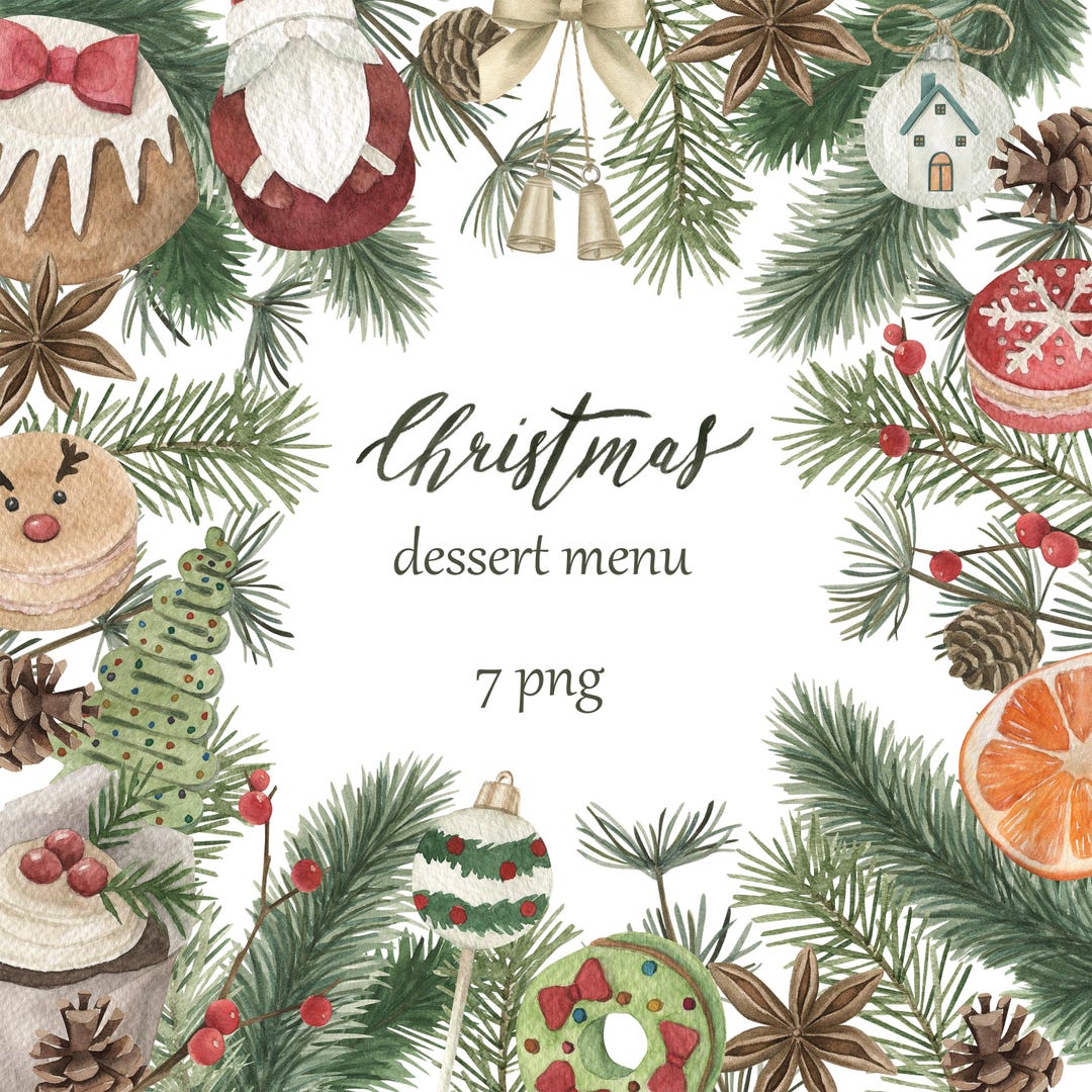 Christmas Dessert Menu Clipart Collection. Watercolor Winter Wreath ...