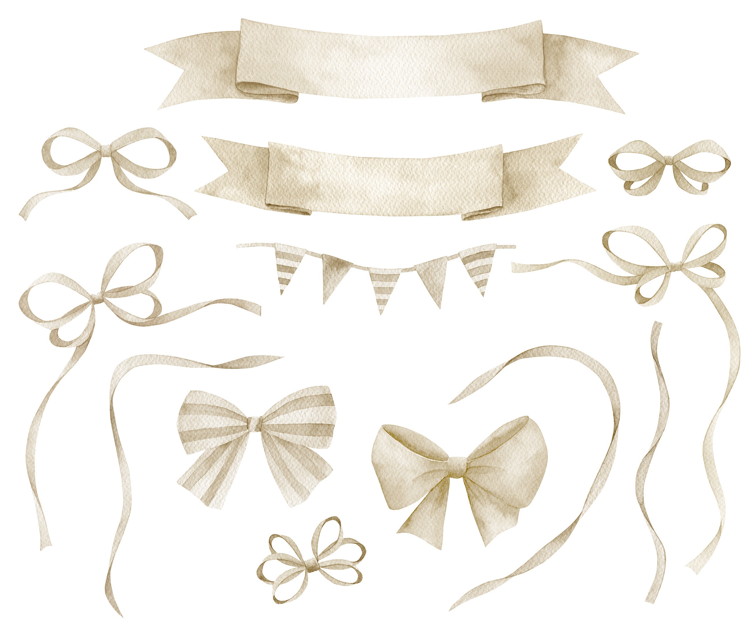 Watercolor Neutral Beige Bows, Ribbons Collection Clip Art. Baby Shower ...