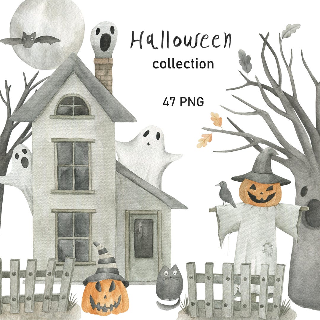 Watercolor Halloween Clipart Collection. Cute Ghosts, Pumpkins, House ...